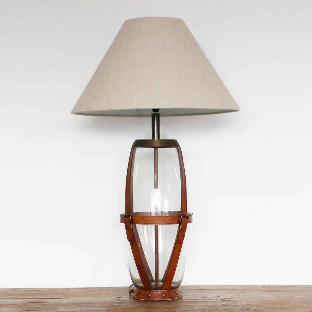 HERTFORDSHIRE GLASS, TAN LAMP AND CHARCOAL WOVEN SHADE - Lewis & Co.